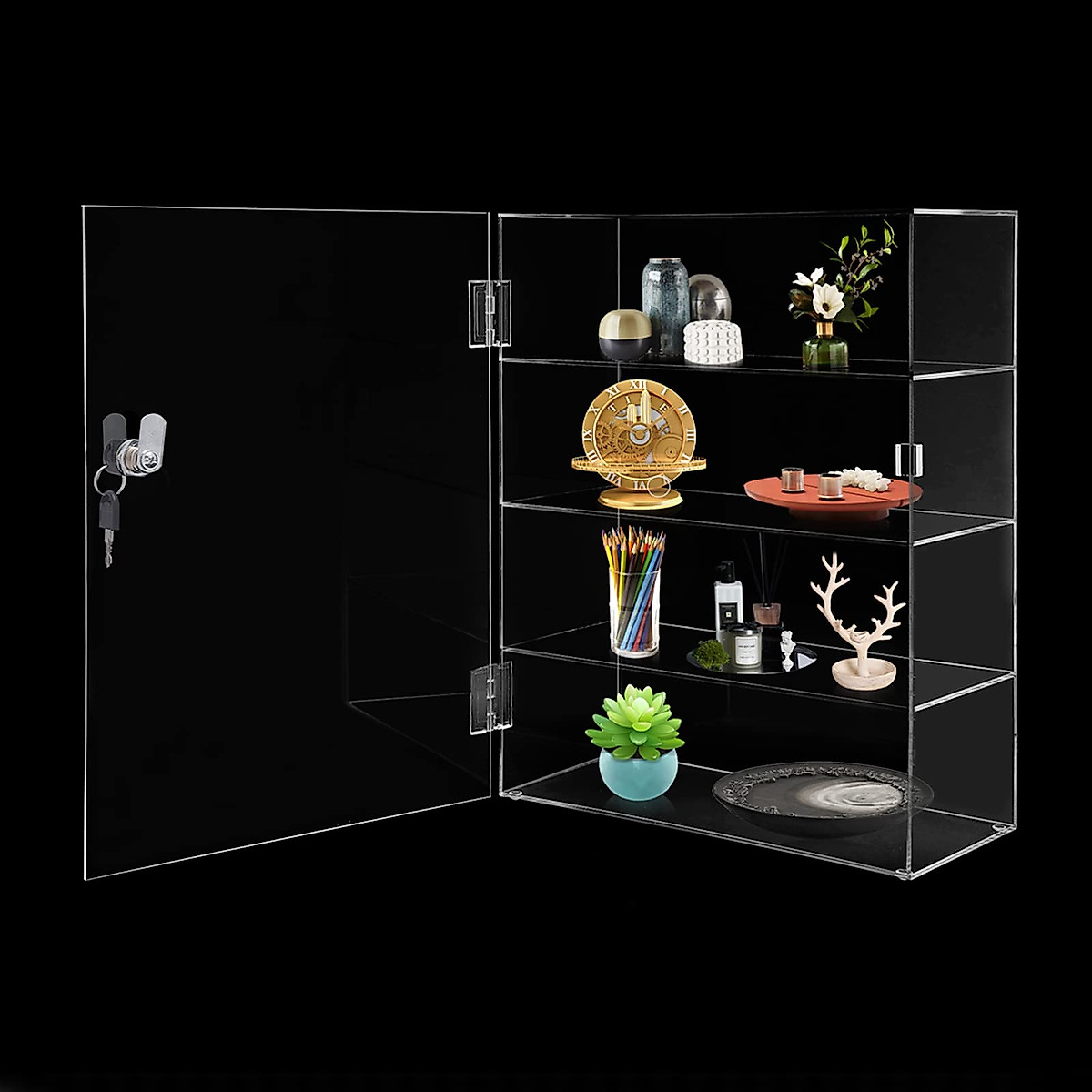 Clear Acrylic Display Case,4 Layer Transparent Countertop Showcase,Protection Showcase with Lock for Toy Collectibles Office Retail Store Safe Storage Sunglasses Toys… (Style 1)