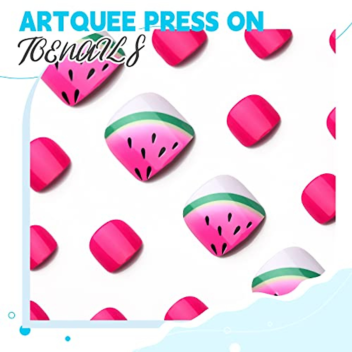 Artquee 28pcs Hot Pink Press on Toenails Short with Watermelon Design Fake Toes Nails Square Glossy Full Cover False Toe Nails Kit for Women in 14 Sizes