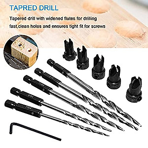 Wood Countersink Drill Bit, 11 PC Wood Drill Bit #4, 6, 8, 10, 12, Tapered Drill Bits with 1/4" Hex Shank, Chamfered Adjustable Counter Sinker Drill Bit Set for Woodworking