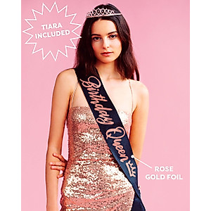 xo, Fetti Birthday Queen Sash + Tiara - Black Glitter + Rose Gold Foil | Birthday Party Decorations - 16th, 21st, 30th, 40th, 50th, Girl