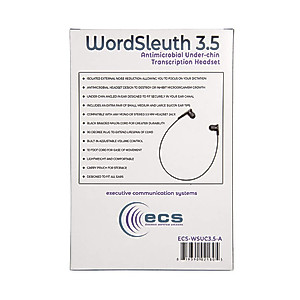 ECS Wordsleuth Under Chin in-Ear Audio Transcription Headphones, 10 Foot 3.5mm Jack, Noise Cancelling, Silicone Ear Phones with in-line Volume Control