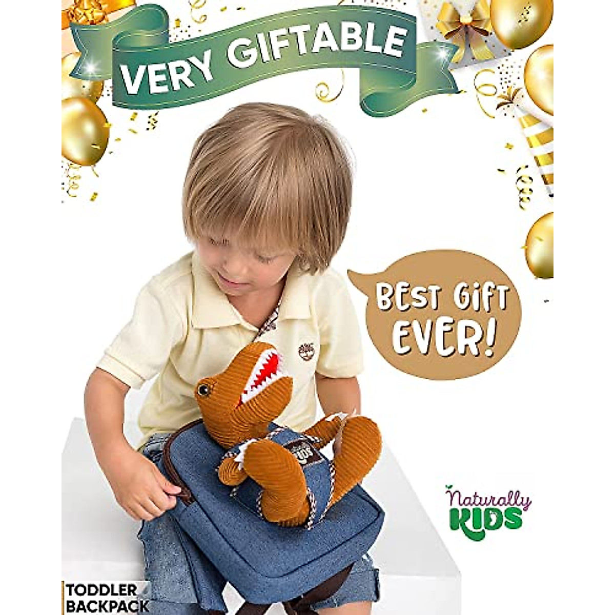 Naturally KIDS Mini Dinosaur Backpack - Dinosaur Toys for Kids Age 2 - Very Small Toddler Backpack for Boys Girls w Stuffed Animals - Little Backpack w Brown Corduroy T Rex