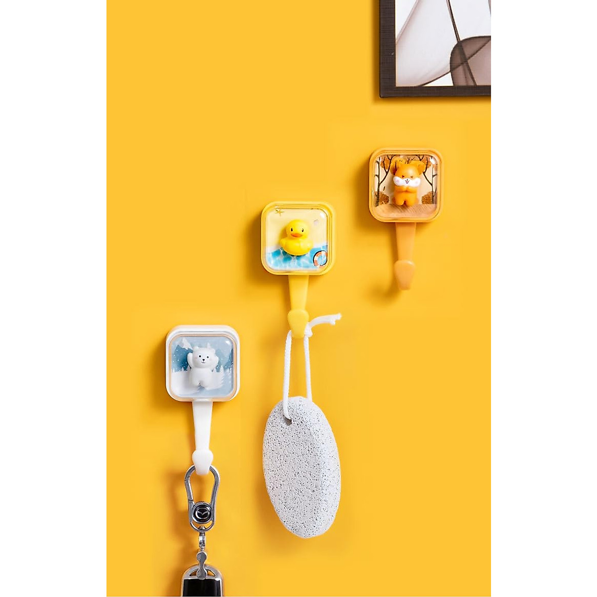 Gautsa Cute Adhesive Hooks, Animal Bounce, Spring Shaking Duck Polar Bear Squirrel, No Nails, Waterproof, for Key Purse Robe Towel, Creative Individual Hook Set of 3 (3 Pack)