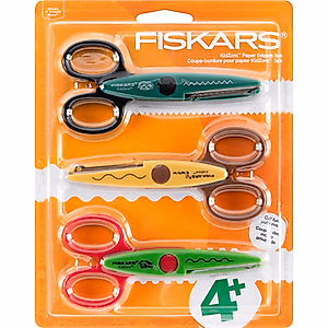 Fiskars Decorative Edge Craft Scissors (3-Pack) for Kids Ages 4-7, Scissors for Crafting, Scissors for Kids, Swamp Animal Pattern Design Scissors, Colorful Zig Zag Scissors