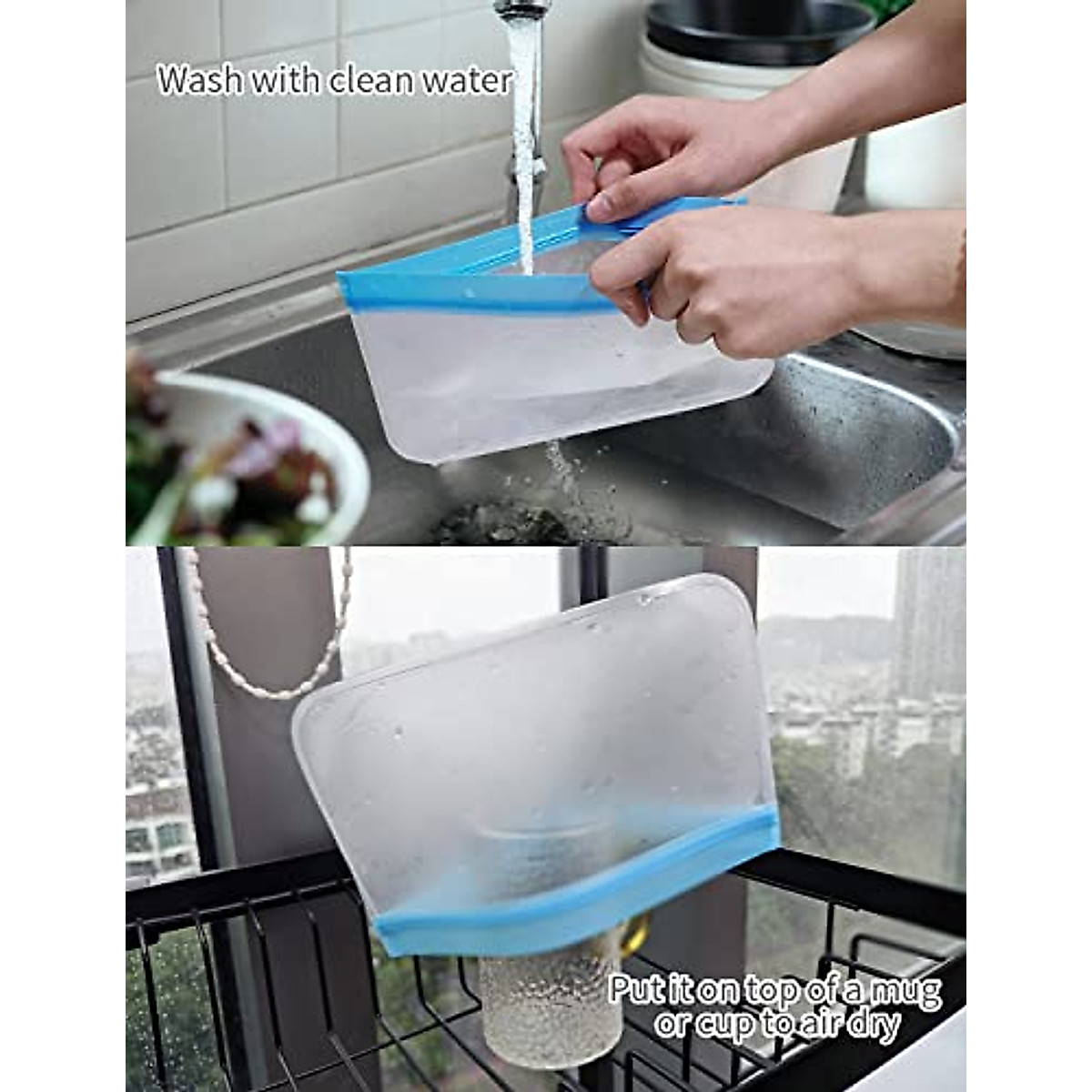 Reusable Food Storage Bags - Axbima 8 PACK PEVA Reusable Freezer Bags for Sandwich - Stand-up Reusable Snack Zip lock bags for Home/Travel Meat Fruit Vegetables Cereal Nuts (Multicolored)