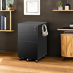 DEVAISE 3 Drawer File Cabinet with Lock, Small Rolling Filing Cabinet Under Desk, Wood Office Drawers Fits Letter/Legal/A4 Size Folders, Black