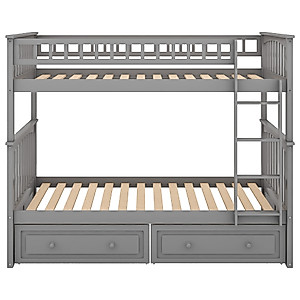BIADNBZ Twin Over Twin Bunk Bed with Storage Drawers, Wooden Convertible BunkBed into 2 Platform Bedframe, for Kids Teens Adults Bedroom, Gray