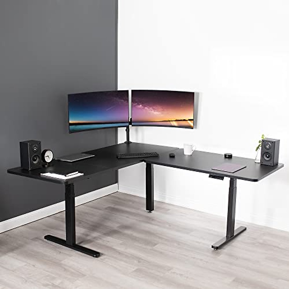 VIVO Electric Height Adjustable 77 x 71 inch Corner Stand Up Desk, 2 Black 30 inch Deep Table Tops, Black Frame, Memory Controller, L-Shaped Standing Workstation, DESK-KIT-3E7B