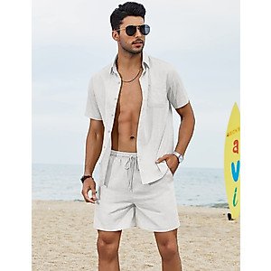 COOFANDY Men Casual Linen Shirt and Short Two Piece Drawstring Elastic Waist Short White
