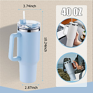 Xereizo 40 oz Tumbler with Handle and Straw, Leak Proof Stainless Steel Insulated Travel Coffee Tumbler Cups Lid and Straw, Iced for 40 Hours Cupholder Friendly Water Bottle Mug, Glacier, Light Blue