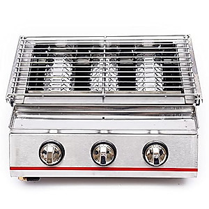 Tabletop Grill, 3-Burner Side Gas Grill, Portable Barbecue Grill, Stainless Steel BBQ Grill Cooker with Grill Net for Camping Parties Barbeque Picnics Outdoor Use