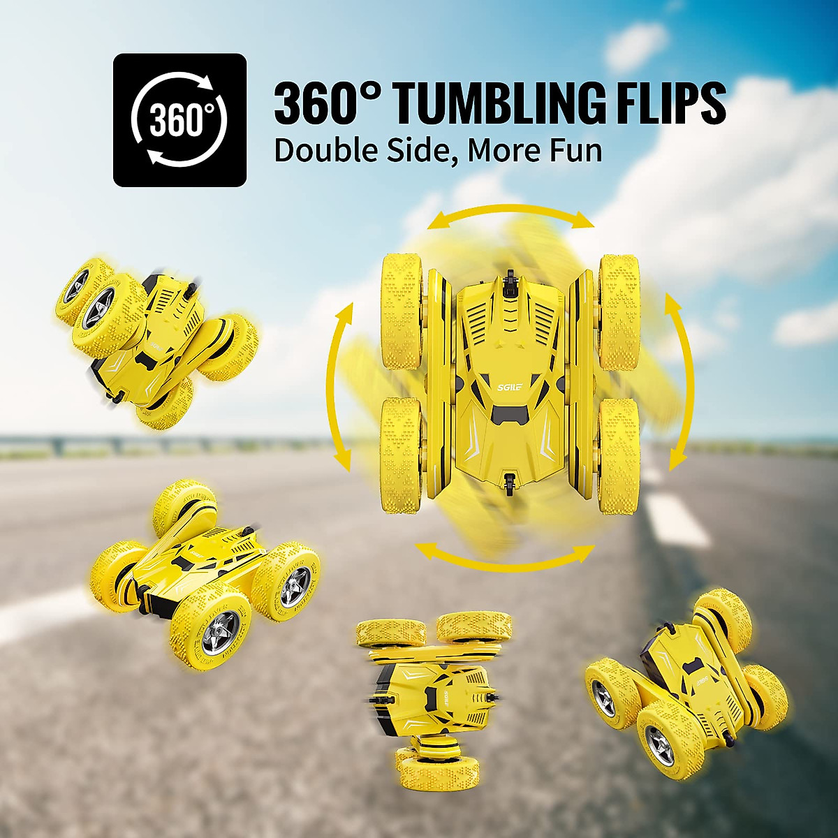 SGILE RC Stunt Car Toy Gift, 4WD Remote Control Car with 2 Sided 360 Rotating Rc Car for Kids Girls Boys Age 6 7 8 12, Yellow