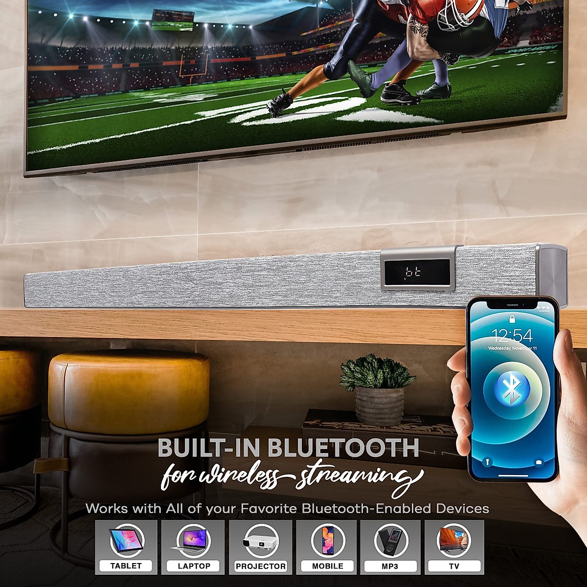 Pyle Built-in Class D Stereo Power Amplifier 35'' 2.1 Channel Soundbar - Wireless Bluetooth with Remote Control, BT Technology, Optical Input, Built-in LED Lights