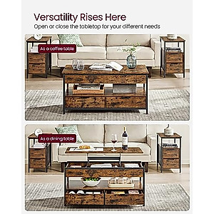 VASAGLE Lift Top Coffee Table with Storage Drawers and Charging Station, Coffee Table for Living Room with Lifting Top, Hidden Compartments and Open Shelf, Rustic Brown and Ink Black ULCT206B01