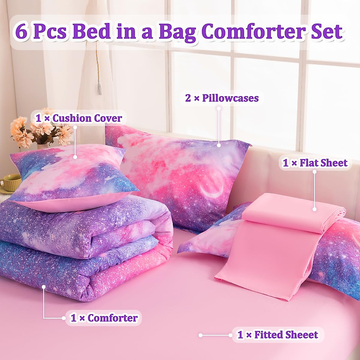ASKOTU Purple Galaxy Full Bedding Sets for Girls Kids, 6 Pcs Bed in a Bag Full Size Comforter Sets with Sheets