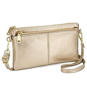 ZOOEASS Triple Zip Small Crossbody Bag Lightweight Purses Vegan Leather Wristlet Clutch, Includes Adjustable Shoulder (Gold)