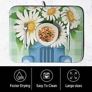Kwlegh Daisy Dish Drying Mat for Kitchen Counter White Flowers Dish Mat Blue Truck Dish Mat Drying Kitchen Mat Reversible Microfiber Absorbent Coffee Bar Mat for Sinks Dining Table 16x18 Inch
