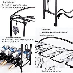 Countertop Wine Rack - Hold 4 Wine Bottles and 8 Glasses Multifunctional dis Assembly Small Wine Rack - 1 Tier Tabletop Wine Holder Stand for Cabinet, Pantry, Wine Bottle Storage