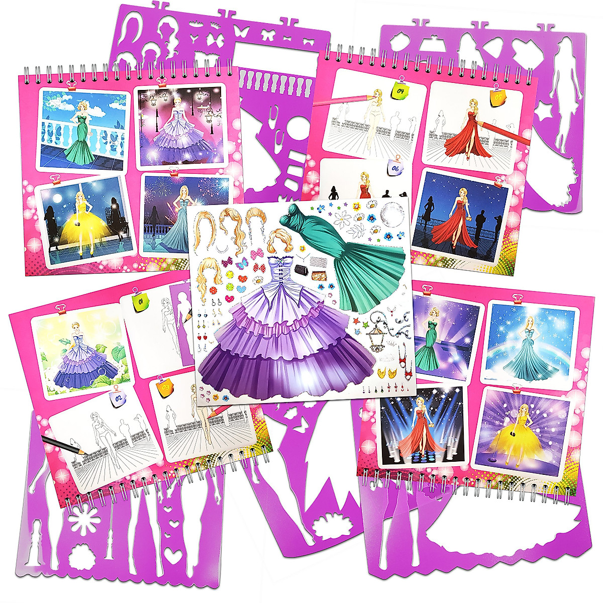 Fashion Dresses Sketch Portfolio Sticker Book - Designer Sketchbook - 100+ Stencils, 36 Giant Coloring Pages, Mermaid Dress Princess Costume Hair Star Stickers – Art Kit Drawing Coloring Book for Kids