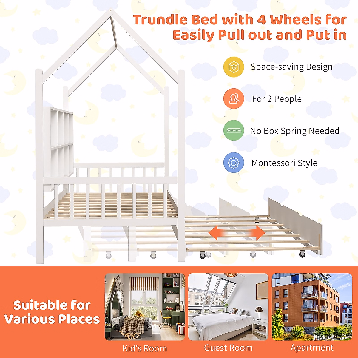 Giantex Twin House Bed with Trundle, Solid Wood Bed Frame with Roof & 8 Cube Bookcase, Wooden Slatted Support Bed Frame for Girls, Boys, No Box Spring Needed, White