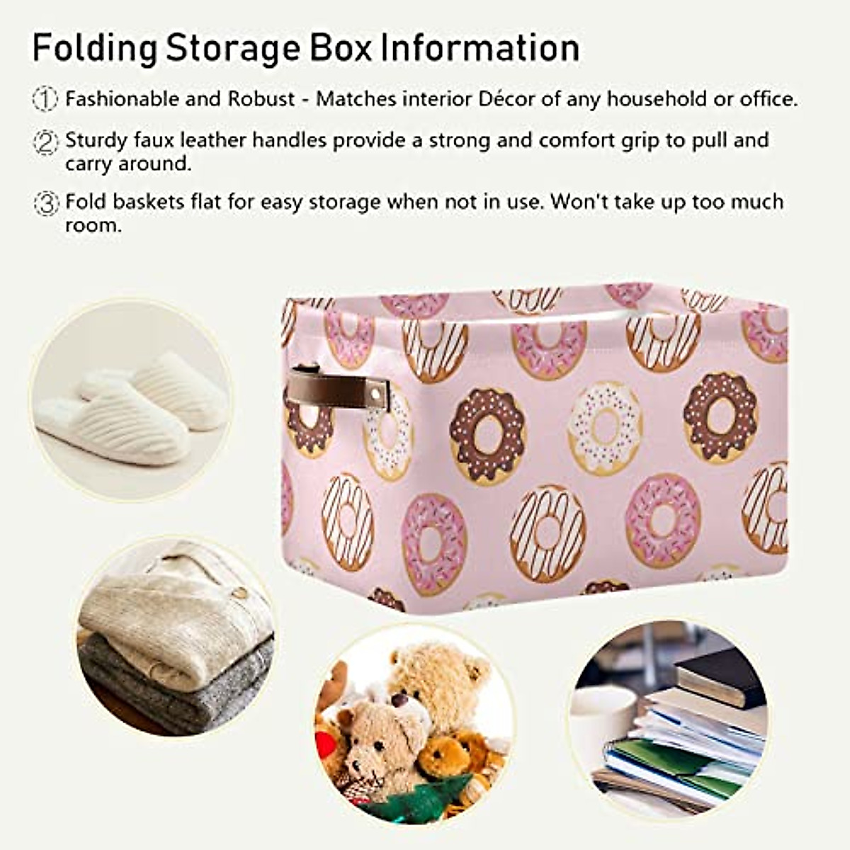 xigua Donut Storage Basket Storage Bin Organizer Basket, Foldable Rectangular Storage Box with Handles for Home Office