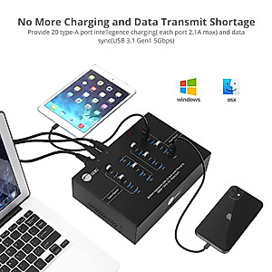 SIIG 20-Port Industrial USB 3.0 Hub with Charging - 200W, 5Gbps with 5V/2.1A per Port, Powered Multiport Hub Expander for Laptop, Tablets, Cellphone, External HDD, Keyboard and Mouse (ID-US0611-S1)