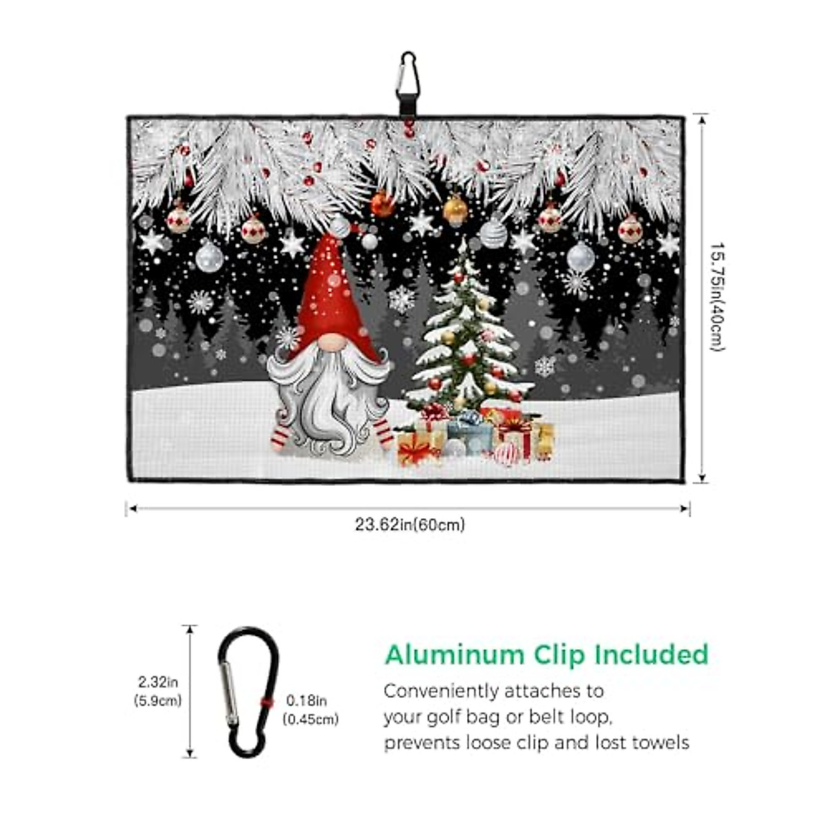 Golf Towel Christmas Gnome Pine Needle Xmas Tree Gift,Waffle Pattern Microfiber Club Cleaner Golf Towels with Carabiner Clip for Women Men Dad,Winter Snow Golf Towel for Golf Bags Accessories,24x16in