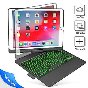 iPad Keyboard Case for iPad 6th Gen 2018, iPad 5th Gen 2017, iPad Pro 9.7, iPad Air 2, iPad Air 1, 360 Screen Rotation 7 Colors Backlight iPad Case with Keyboard - Black