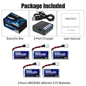 URGENEX 3.7V Lipo Battery 600mah 1S 5PCS Drone Battery with Molex Plug X5 USB Battery Charger for Syma X5C X5C-1 X5 X5SC X5SW H5C V931 S5C S5W SS40 FQ36 T32 T5W H42 CW4 UAV FPV Drone Quadcopter