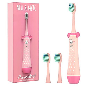 NELL&WELL Kids Electric Toothbrush, Battery Powered Toothbrushes with 2 Soft Bristles Heads for Children Boys and Girls Ages 3+, IPX7 Waterproof, BPA Free (Bear Purple)