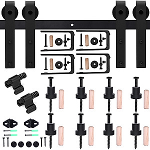 CCJH 9FT Bypass Sliding Barn Door Hardware Kit Double Track Low Ceiling Heavy Duty for Double Wooden Doors, Basic Hanger