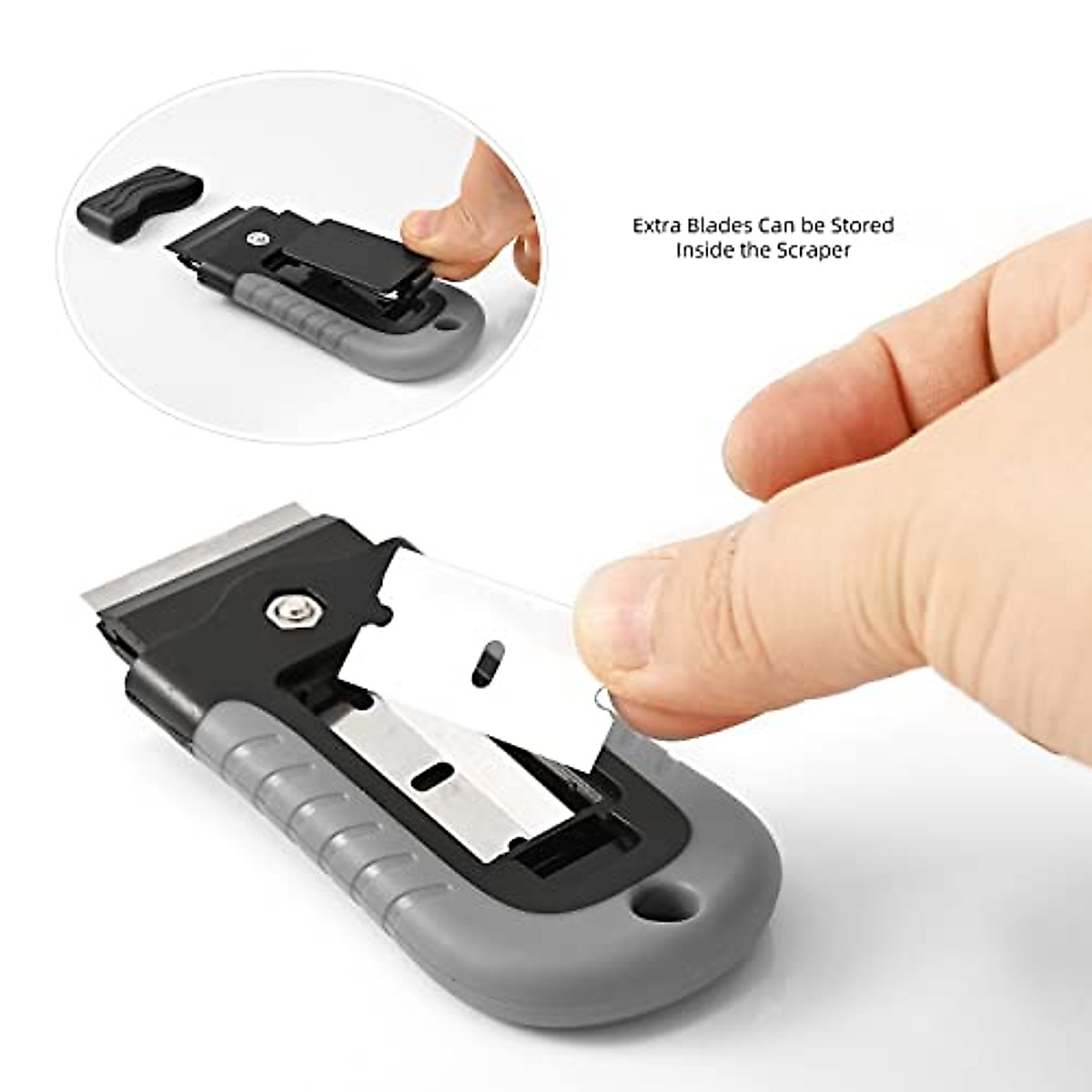 FOSHIO 2 Pack Grey Razor Blade Scraper with 20PCS Extra Razor Blades, Stainless Steel & Carbon Steel Single Edge Razor Blade Scraper Tool for Decals, Stickers, Labels, Caulk, Adhesive, Paint Removal