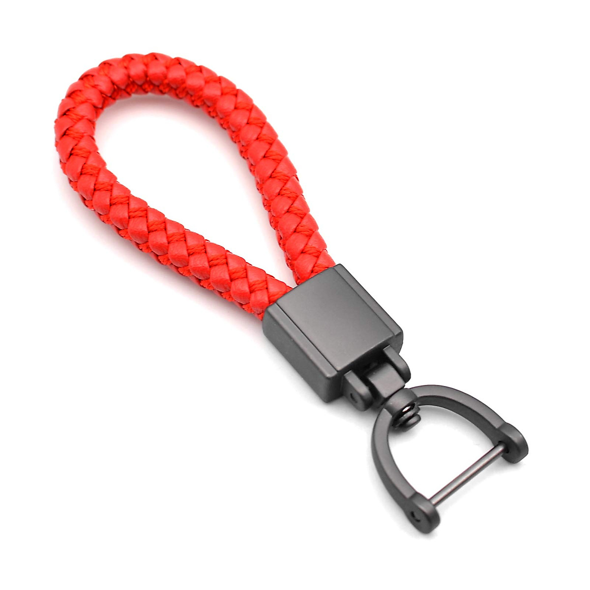 FEYOUN Universal Red Leather Car Fob Keychain Metal Keyring Woven Strap Braided Rope Key Chain for Men and Women - Matte Black Color, with 360 Degree Rotatable D-ring and Screwdriver