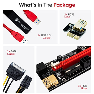 BulletProof Mining Graphics Card PCIe Riser VER 009S 16x to 1x Powered Riser Adapter Card w/ USB 3.0 Extension Cable & 6-Pin PCI-E to SATA Power Cable | Bitcoin | Ethereum Mining