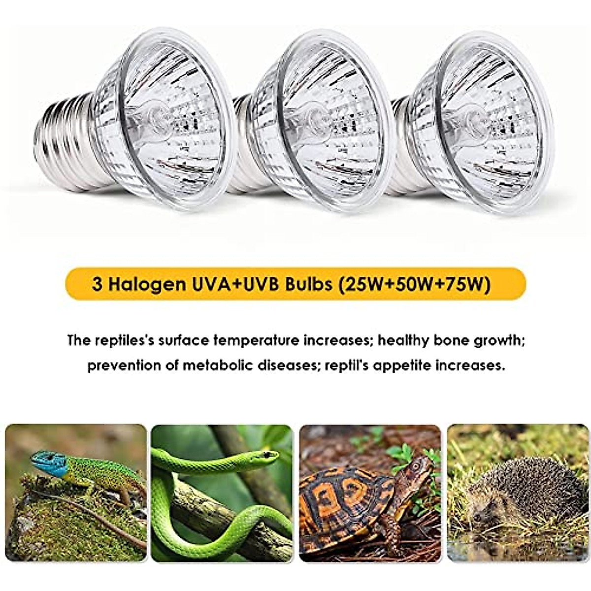Reptile Heat Lamp, Basking Spot Lamp, UVA UVB Reptile Light Fixture with 360° Rotatable Clips and Dimmable Switch for Aquarium Turtle Lizard Snake Chameleons Amphibians (1 Fixture+3 Bulbs, 25/50/75W)