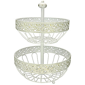 ROSYLINE 2 tier fruit basket, fruit bowl, multi-purpose kitchen and living room storage fruit and vegetable basket (White Brushed Bronze)