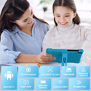 Headwolf Kids Tablet, Android Tablet for Kids 3GB RAM 64GB ROM Toddler Tablet with Case, Unisoc T310 Quad Core 8 Inch Tablet with Parental Control, Kids Software Pre-Installed, Dual Camera, WiFi, GPS