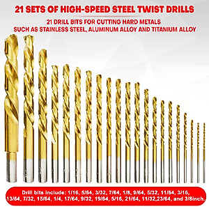 YIYITOOLS Titanium Twist Drill Bit Set 21 Piece Fit for Cutting Hard Metals，Such as Stainless Steel, Aluminum Alloy and Titanium Alloy 21 Pieces
