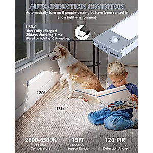 3 Color Temperatures Motion Sensor Closet Light, 60-LED Under Cabinet Lighting, Wireless USB Rechargeable Battery Powered Operated Lights, Magnetic Motion Activated Kitchen Cupboard Night Light-2 Pack