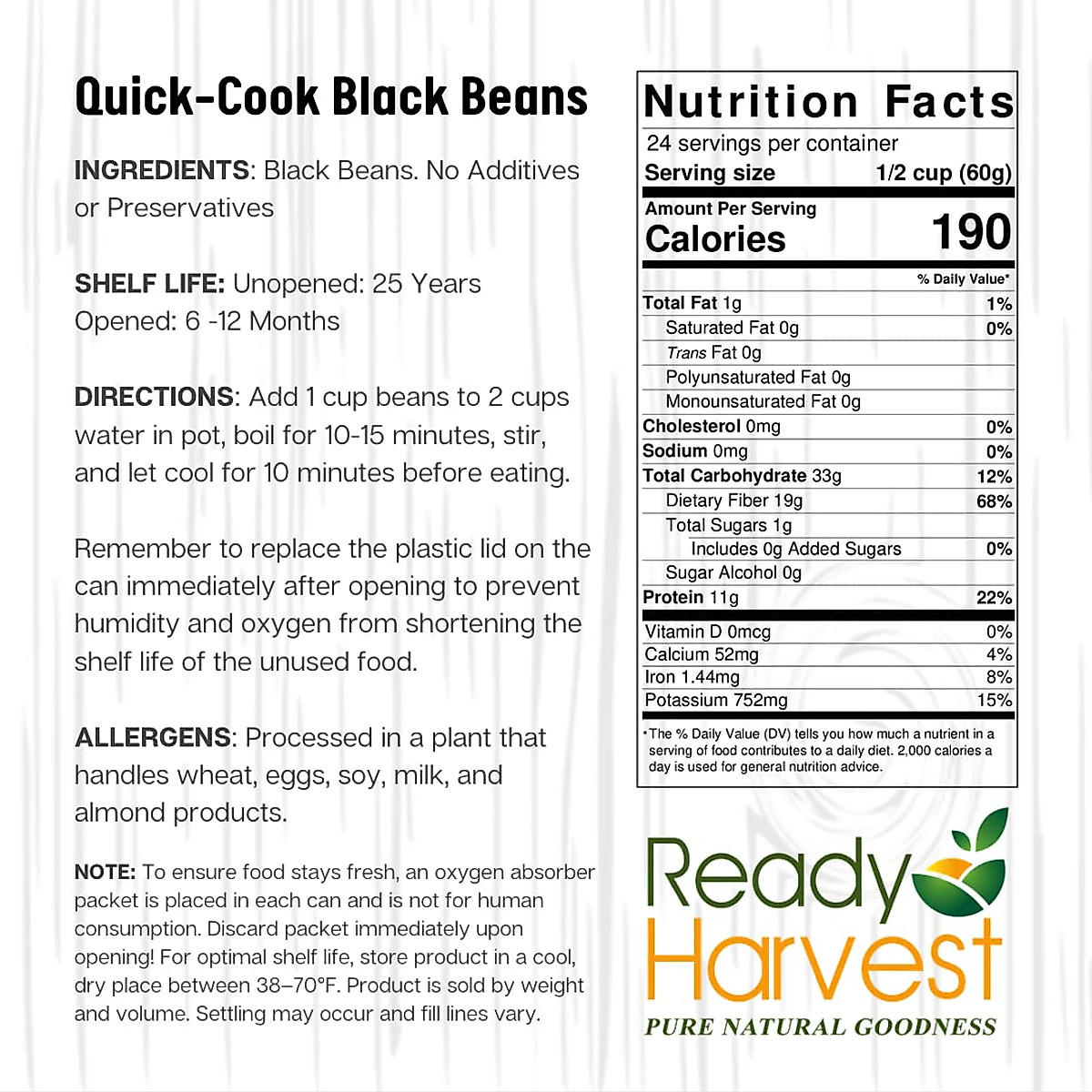 Ready Harvest Quick-Cook Dried Black Beans Canned Dried Black Beans Dried Beans Dry Beans|Emergency Food Supplies Survival Food Emergency Food Rations #10 Can 25-Year Shelf Life 3 lbs