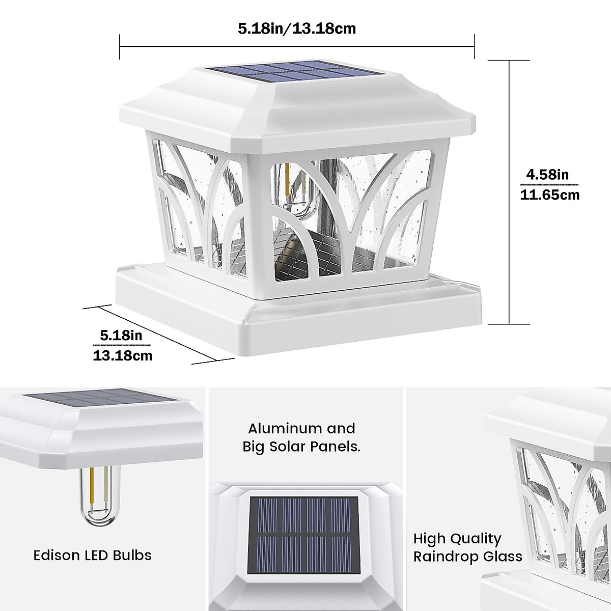 SIEDiNLAR Solar Post Cap Lights Outdoor, Aluminum Glass 2 Modes Edison LED Bulbs for 4x4 5x5 6x6 Vinyl Wooden Posts Deck Fence Patio Decor, Warm White/Cool White Lighting 6 Pack (White)