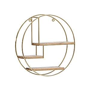 MH London Round Gold Shelf - Lemar Circle Wall Shelf Made from Metal and Wood I Gold Accent Decor Suits Bedrooms, Bathrooms, Kitchens, Living Rooms & Halls | Decorative Modern Display Shelf Size