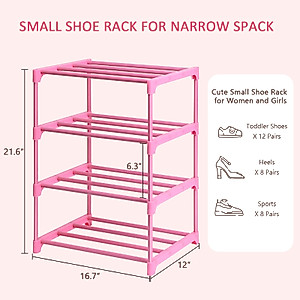 LNYZQUS Small Kids Shoe Rack, 4 Tier Pink Shoe Organizer Shoe Shelf for Closet,Stackable Narrow Shoe Stand Slim Zapateras Organizer,Cute Toddler Shoe Rack Floor for Women & Girls-Full Pink