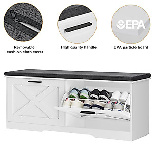 Homleke Shoe Storage Bench with 2 Flip Drawers, Entryway Bench with Padded Seat Cushion, Shoe Cabinet with 2 Barn Doors, 11.8" D x 47.2" W x 18.4" H, for Entryway, Living Room, Bedroom, White