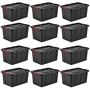 Sterilite 15 Gal Industrial Tote, Stackable Storage Bin with Latching Lid, Plastic Container with Heavy Duty Latches, Black Base and Lid, 12-Pack