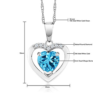 Gem Stone King 10K White Gold 6MM Heart Shape Gemstone Birthstone and White Diamond Pendant Necklace | Gold Necklace for Women | With 18 Inch Chain