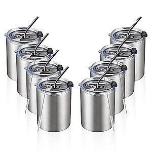 MEWAY 12oz/8Pack Coffee Mug With Lid, Insulated Stainless Steel Reusable Coffee Cup, Double Wall Durable Coffee Mug, Powder Coate，For Coffee, Beer, Home, Office(Silver,8 Pack)