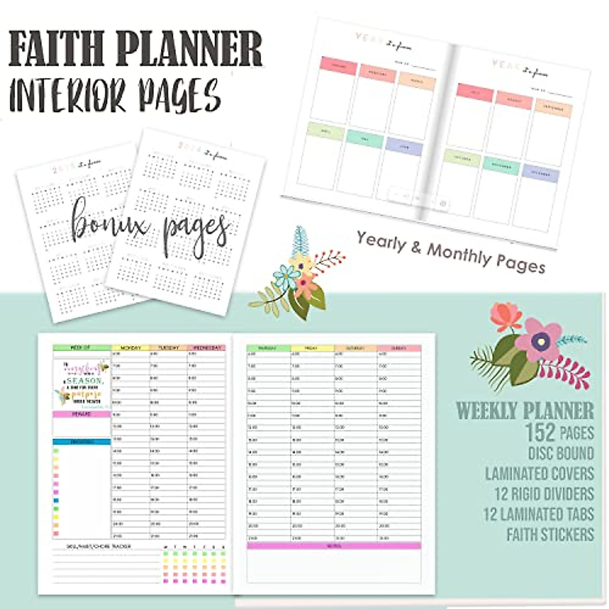 Faith With God All Things Are Possible Christian Bible Womens Weekly Planner Organizer Calendar Journal, 8.5 x 11 Disc Bound Ring Binder, 60 pages, Laminated Covers, Stickers