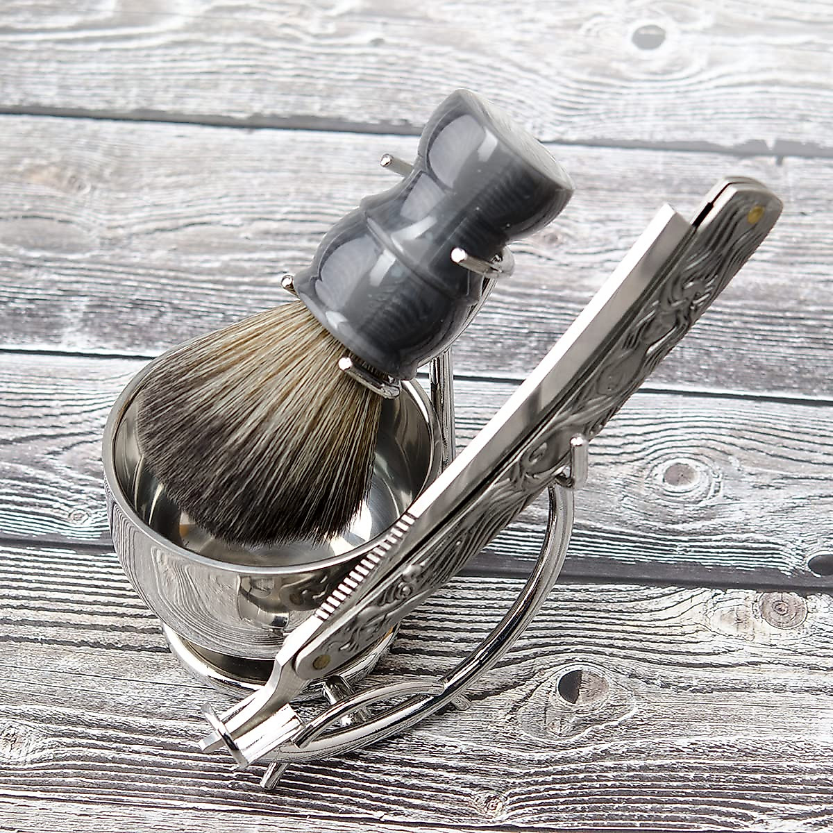 Grandslam Straight Razor Kit - Steel Cutthroat Razor, Leather Strop, Shaving Brush, Stainless Steel Bowl & Stand, Shaving Soap - Men's Gift