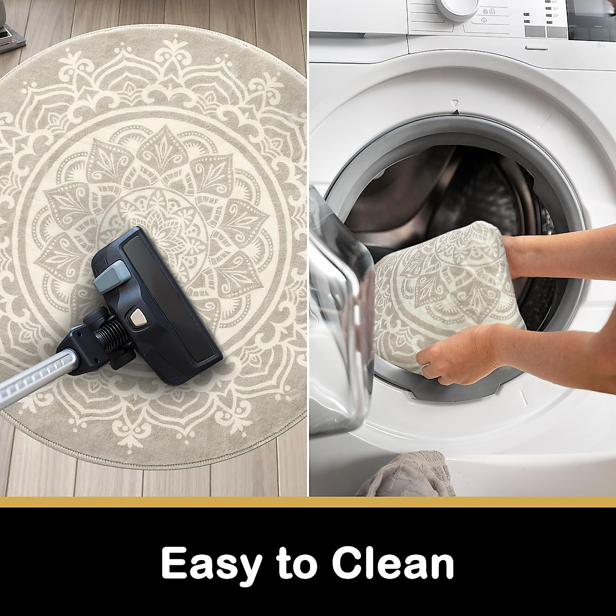 Carvapet 5' Round Boho Mandala Area Rug – Black and Ivory Chic Circle Rug, Non-Slip, Machine Washable Soft Throw Floor Mat for Entryway, Foyer, Living Room, Bedroom, Nursery, or Playroom